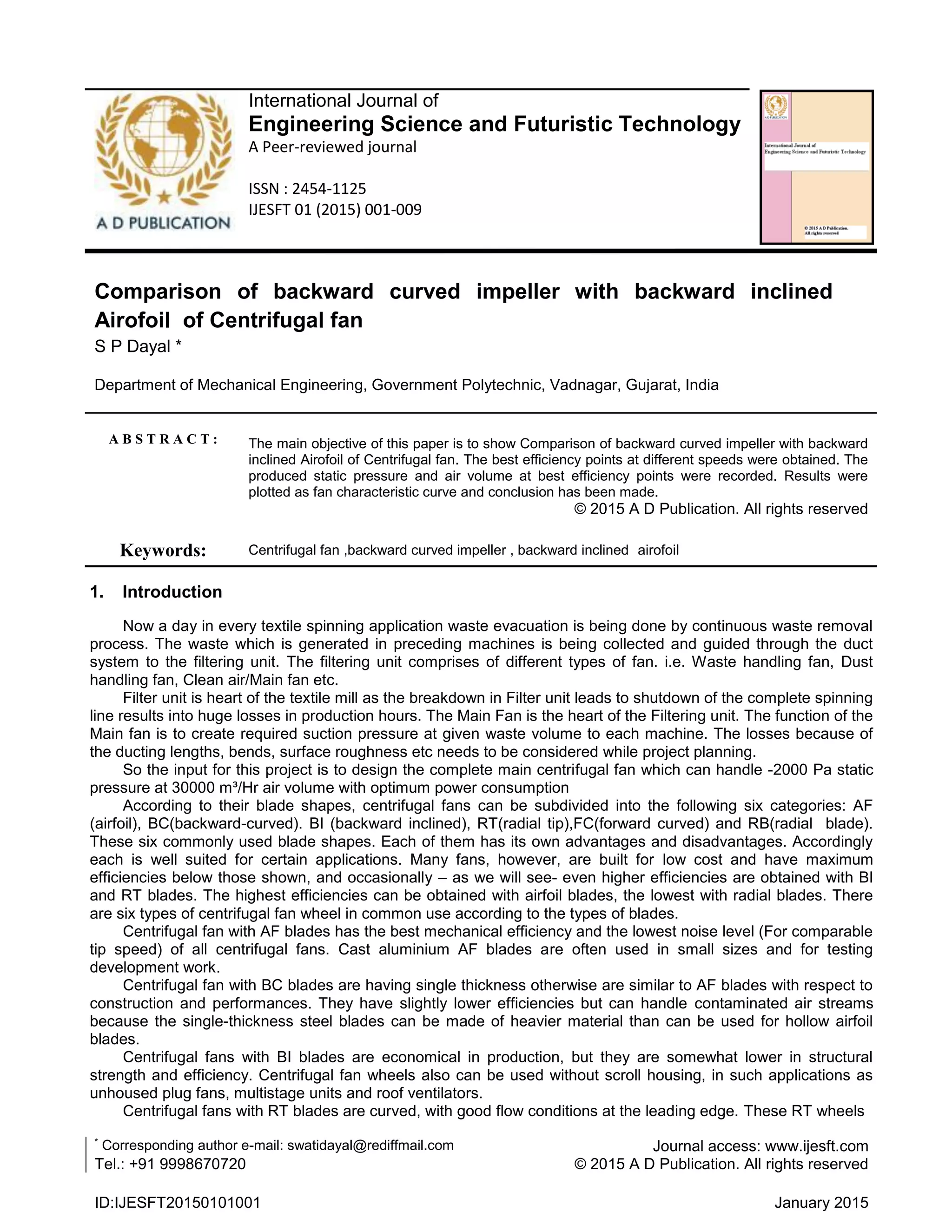 Comparison of backward curved impeller with backward inclined Airofoil ...