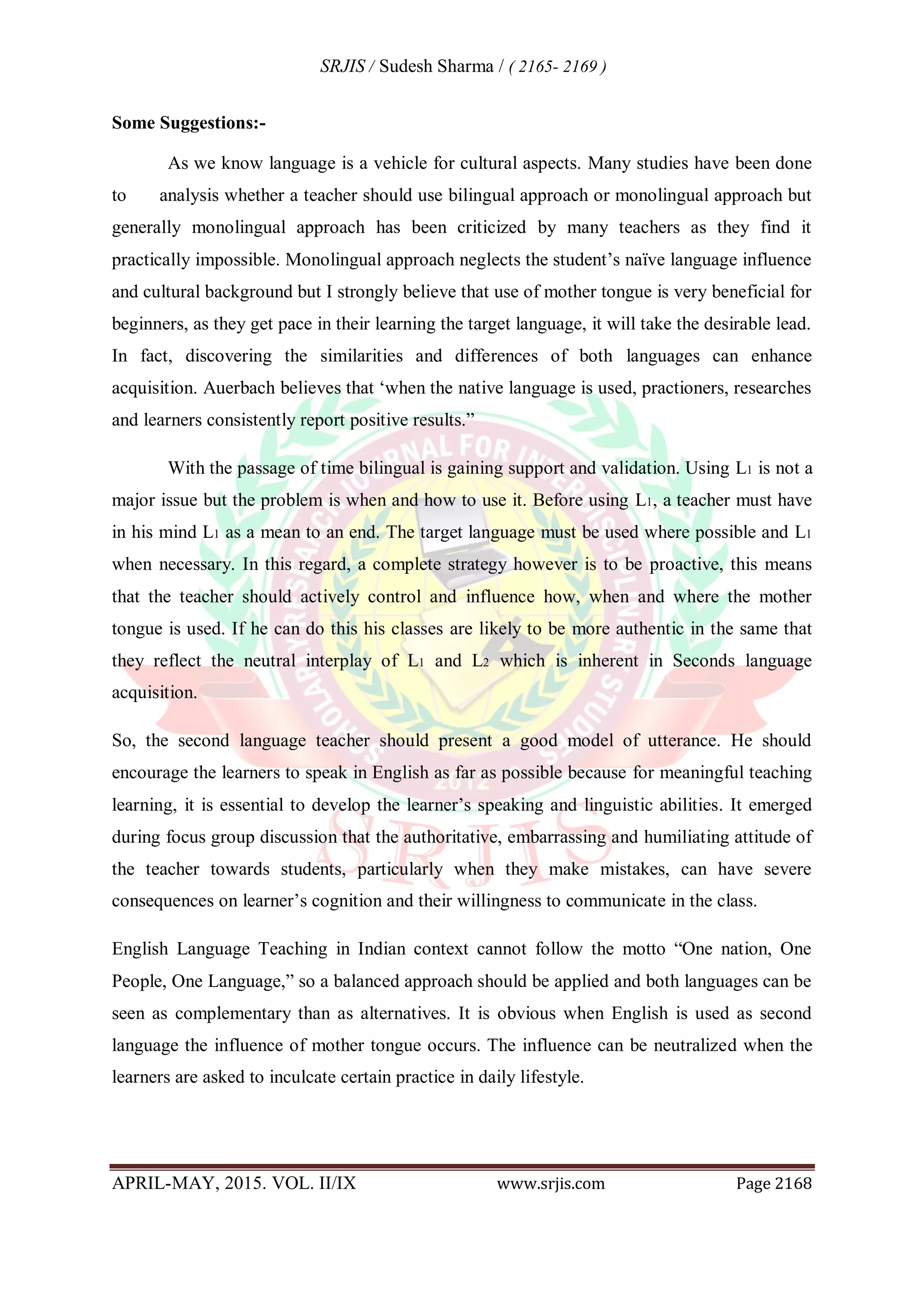 MOTHER TONGUE INFLUENCE ON ENGLISH LANGUAGE LEARNING | PDF