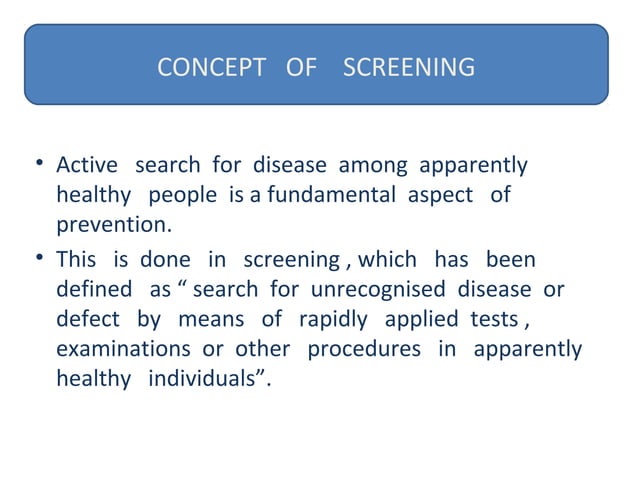 Aims, Objective, Concept of Screening | PPT | Medical Tests | Medical ...