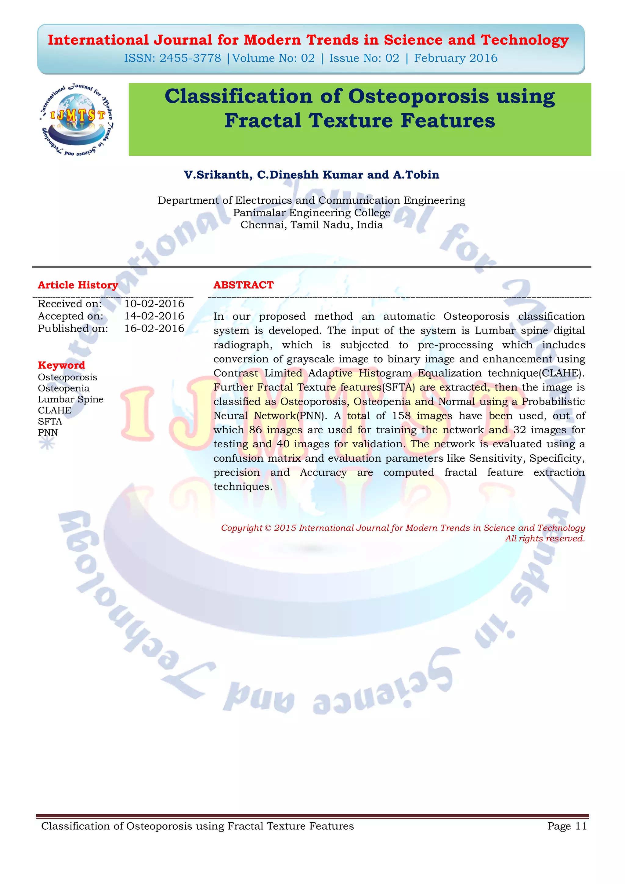 Classification of Osteoporosis using Fractal Texture Features | PDF