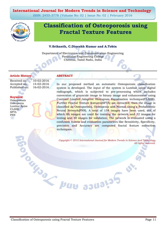 Classification of Osteoporosis using Fractal Texture Features | PDF