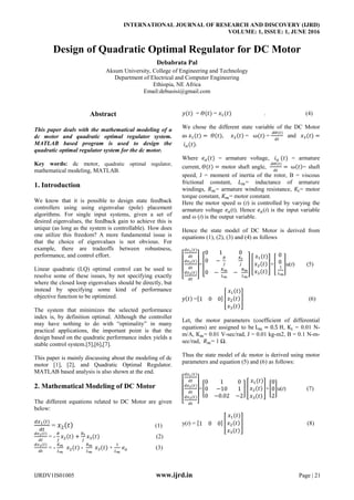 Design of Quadratic Optimal Regulator for DC Motor | PDF