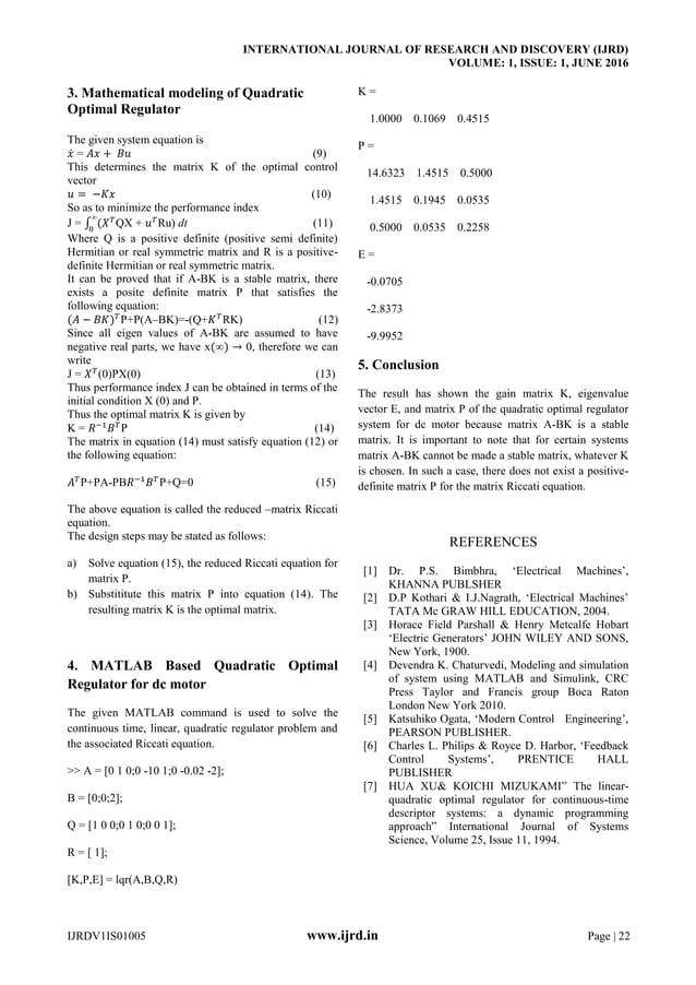 Design of Quadratic Optimal Regulator for DC Motor | PDF