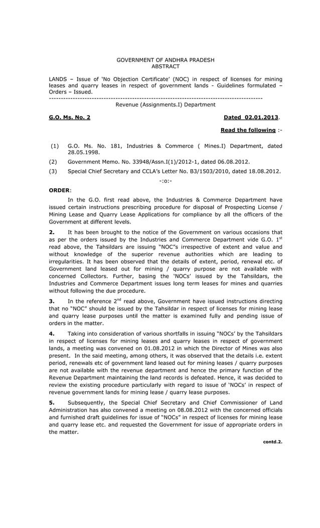 2-LANDS – Issue of ‘No Objection Certificate’ (NOC) in respect of ...