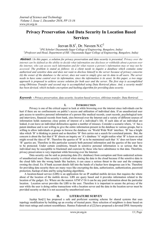 Privacy Preservation And Data Security In Location Based Services | PDF
