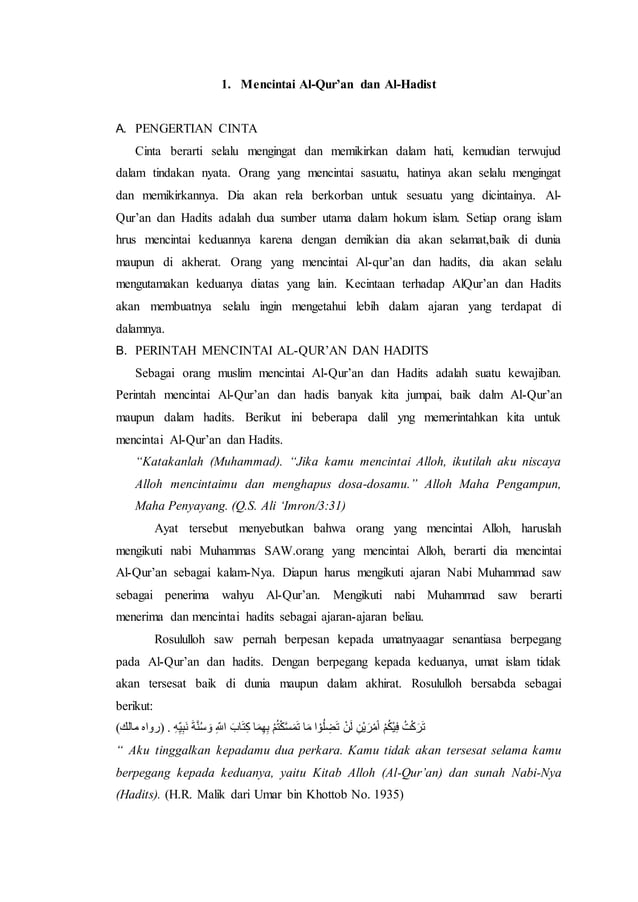 Mencintai Al-Qur’an dan Al-Hadist | PDF