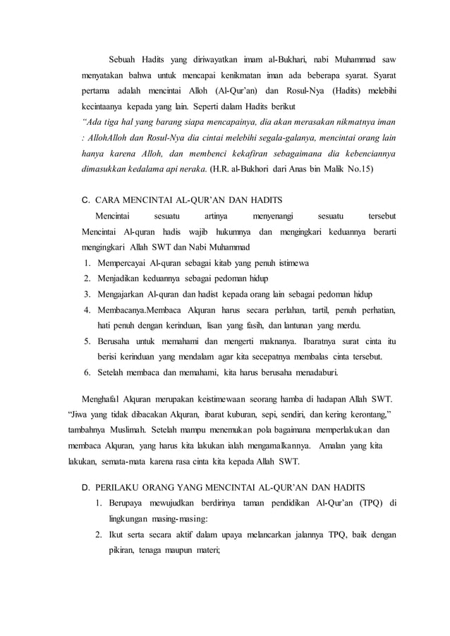 Mencintai Al-Qur’an dan Al-Hadist | PDF