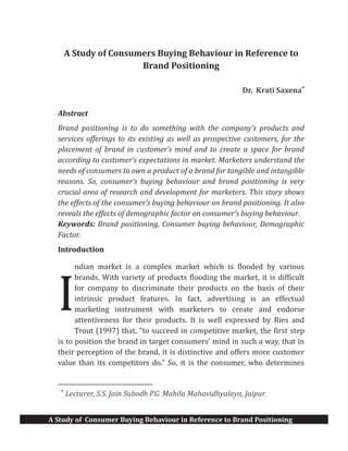 A Study of Consumers Buying Behaviour in reference to Brand Positioning ...
