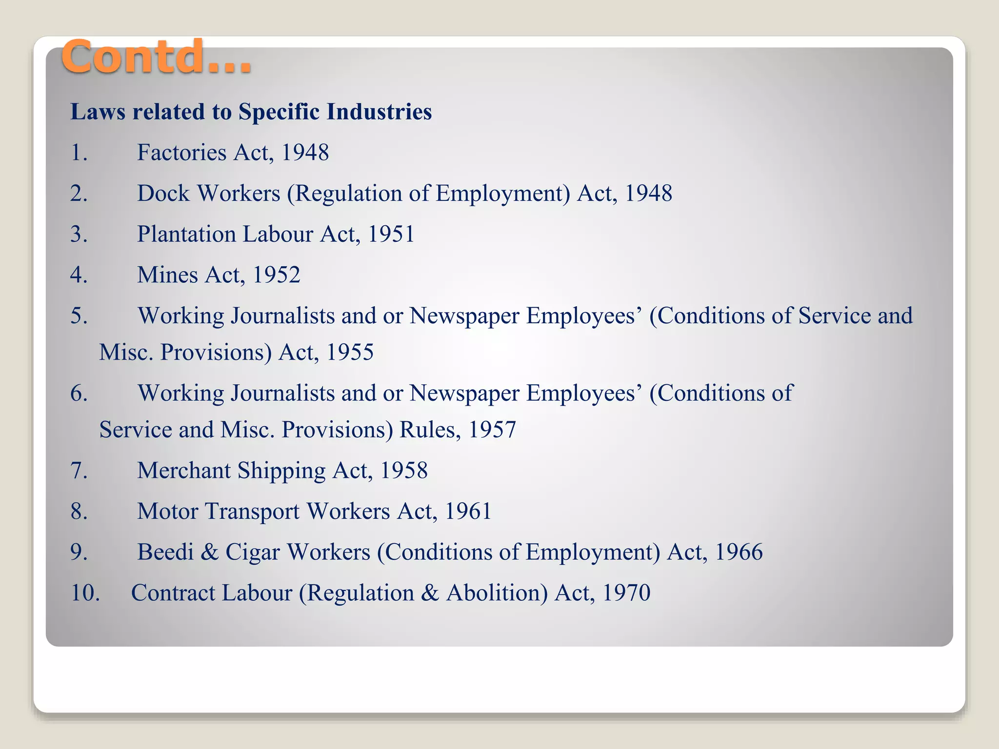 CLASSIFICATION OF VARIOUS LABOUR LAWS IN INDIA | PPTX