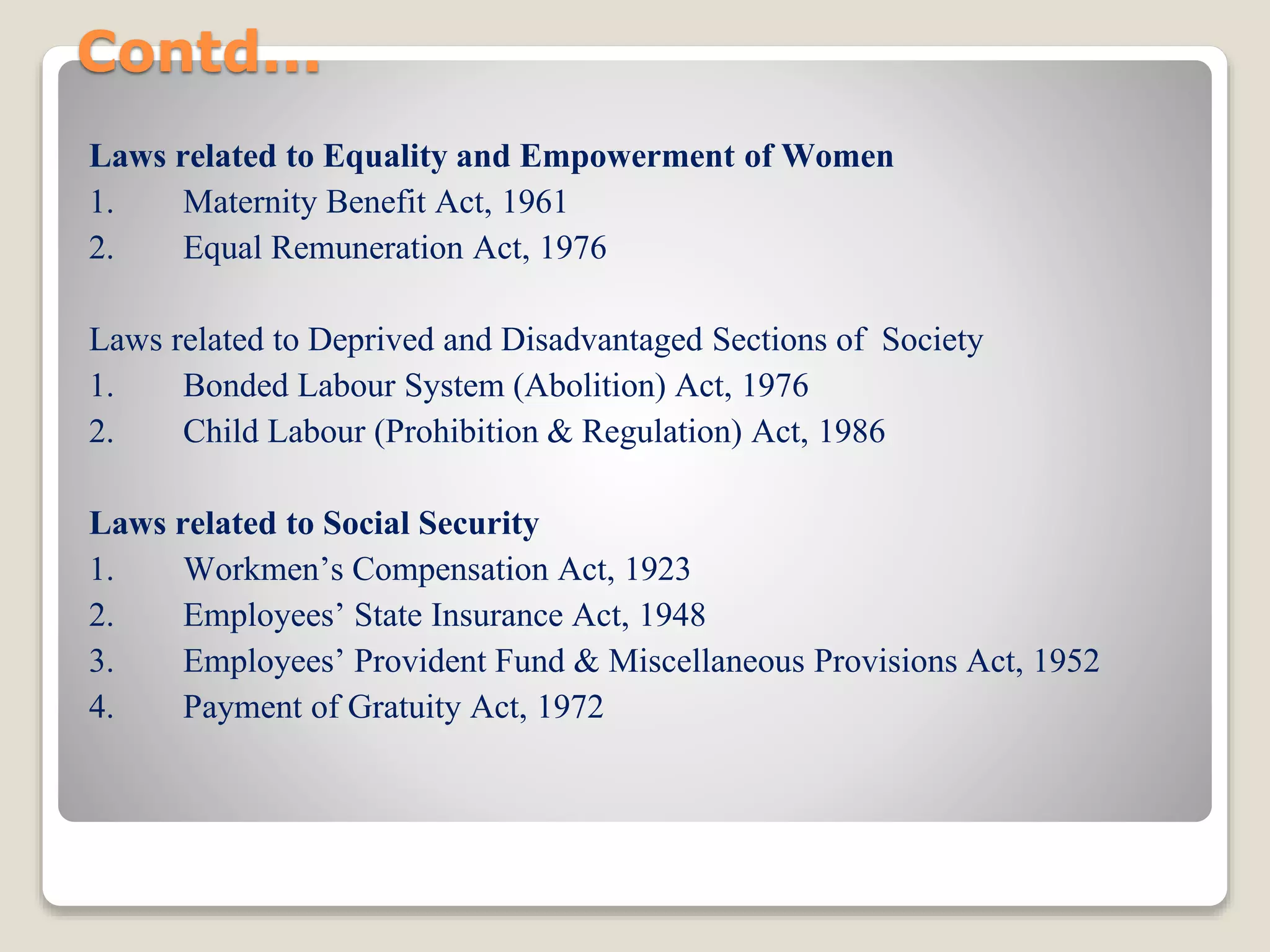 CLASSIFICATION OF VARIOUS LABOUR LAWS IN INDIA | PPTX