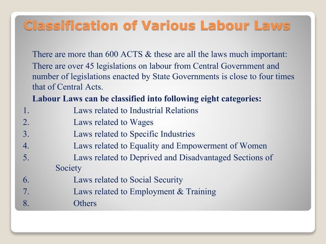CLASSIFICATION OF VARIOUS LABOUR LAWS IN INDIA | PPTX | Personal Finance
