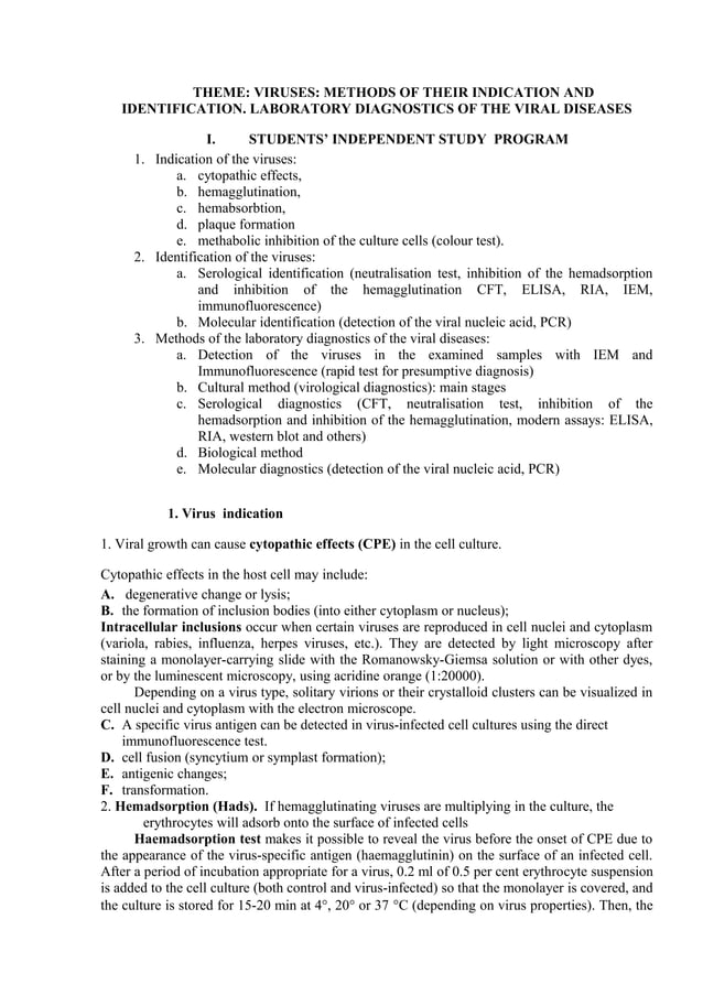 Viruses. Methods of Indication & Identification. Diagnosis of Viral ...