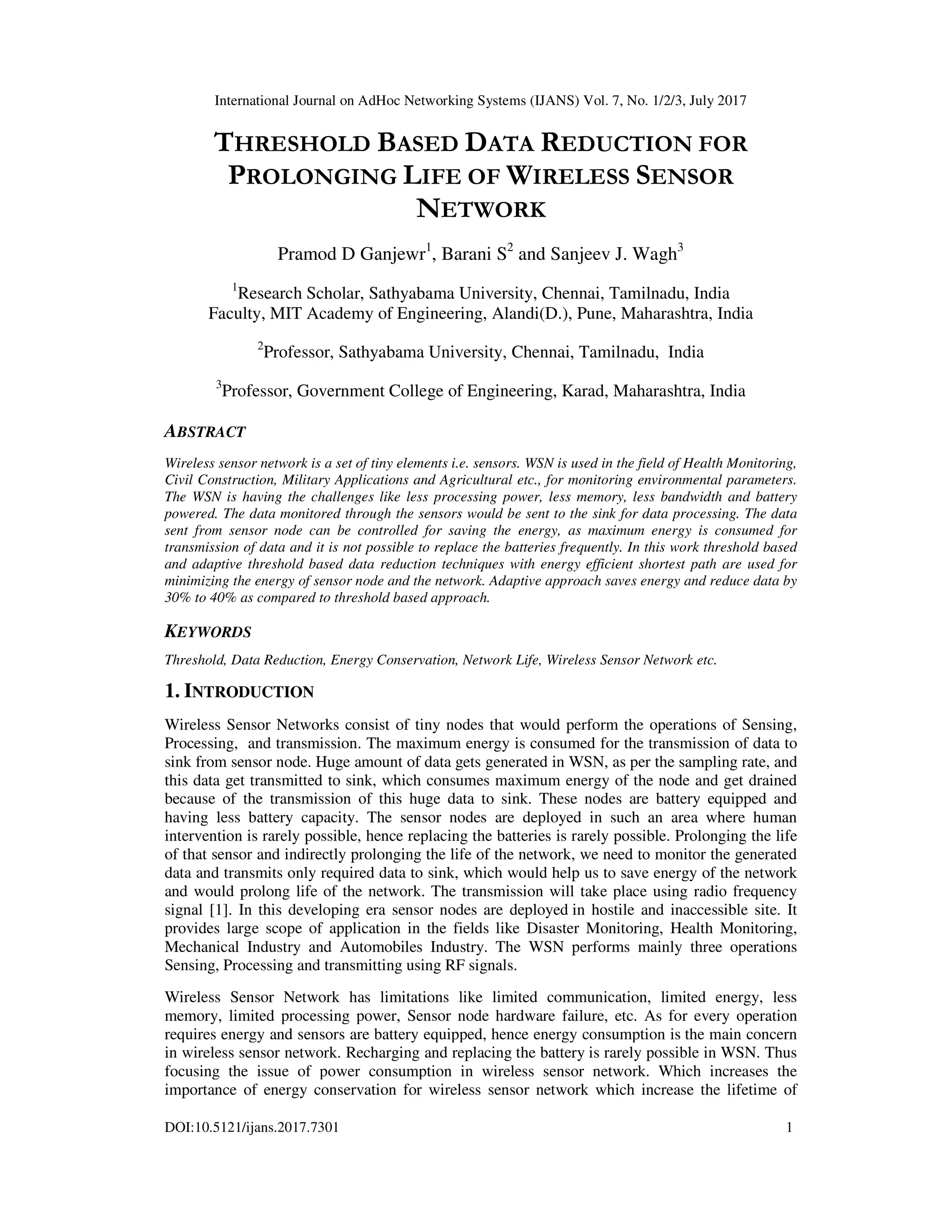 THRESHOLD BASED DATA REDUCTION FOR PROLONGING LIFE OF WIRELESS SENSOR NETWORK | PDF | Internet ...