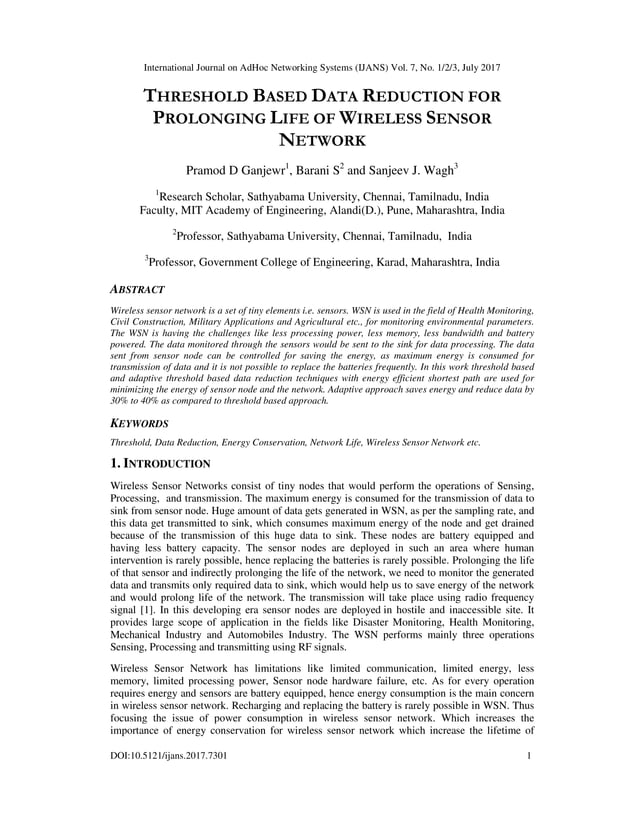 THRESHOLD BASED DATA REDUCTION FOR PROLONGING LIFE OF WIRELESS SENSOR NETWORK | PDF