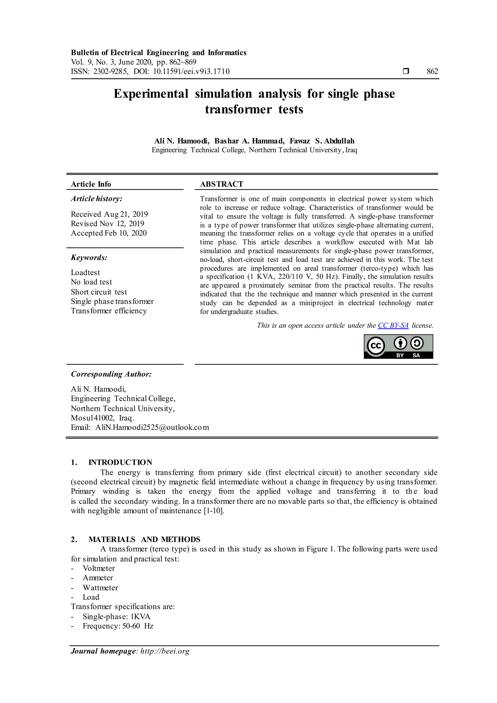 Experimental simulation analysis for single phase transformer tests | PDF