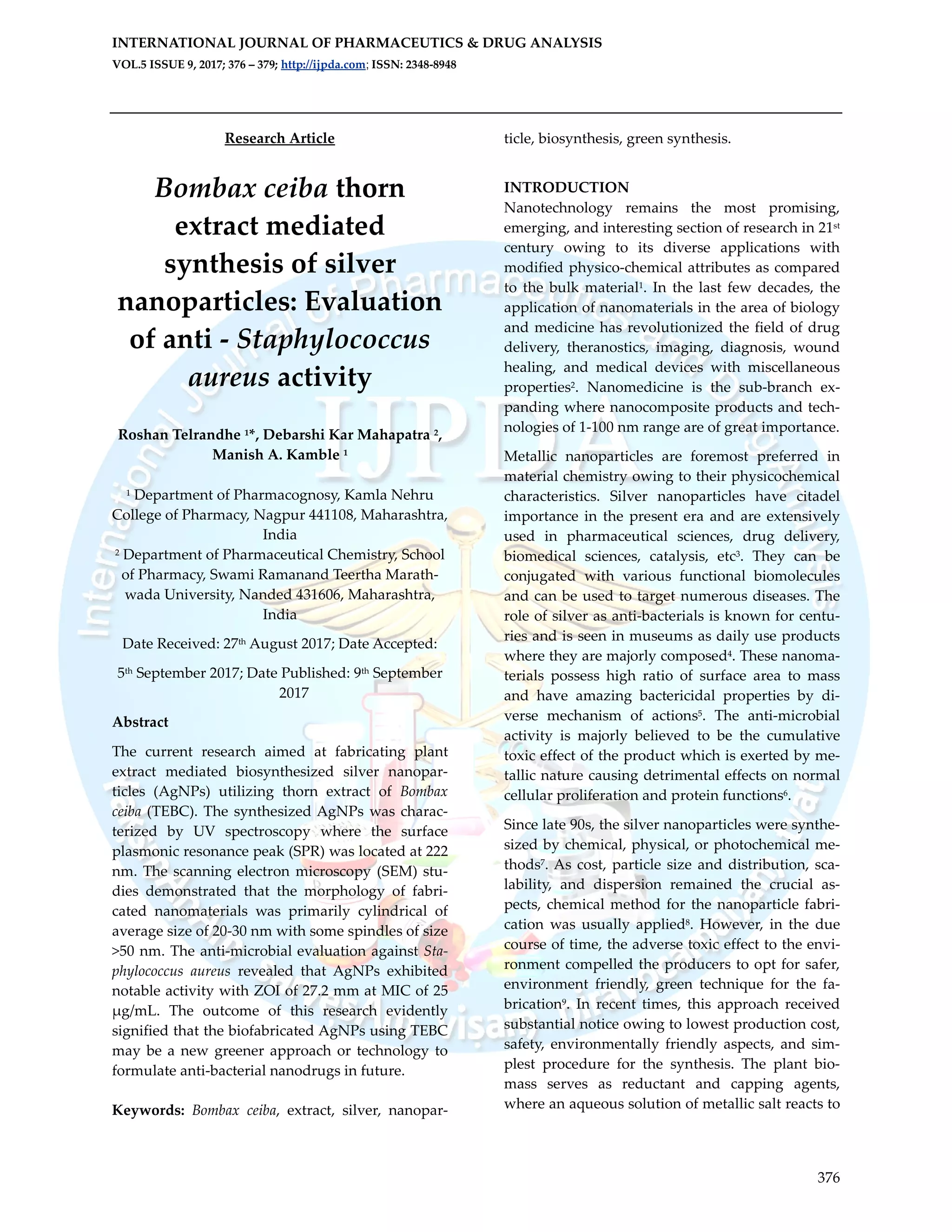 Bombax ceiba thorn extract mediated synthesis of silver nanoparticles ...