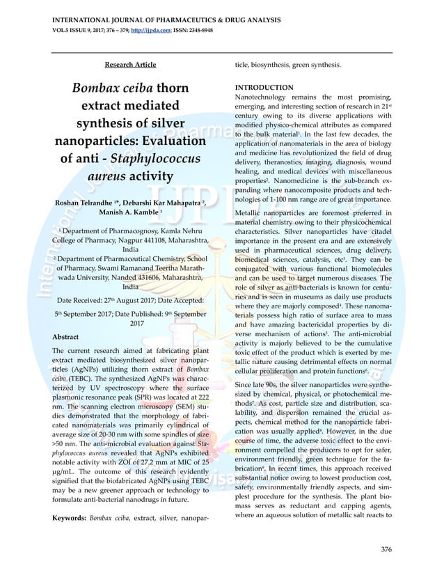 Bombax ceiba thorn extract mediated synthesis of silver nanoparticles, evaluation of anti ...