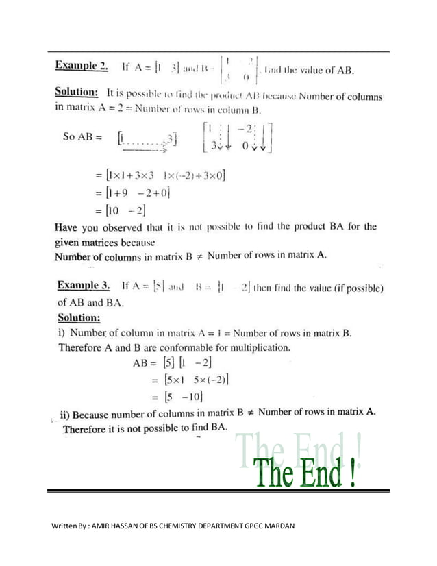 Addition of Matrices, Subtraction of Matrices, Multiplication OF ...