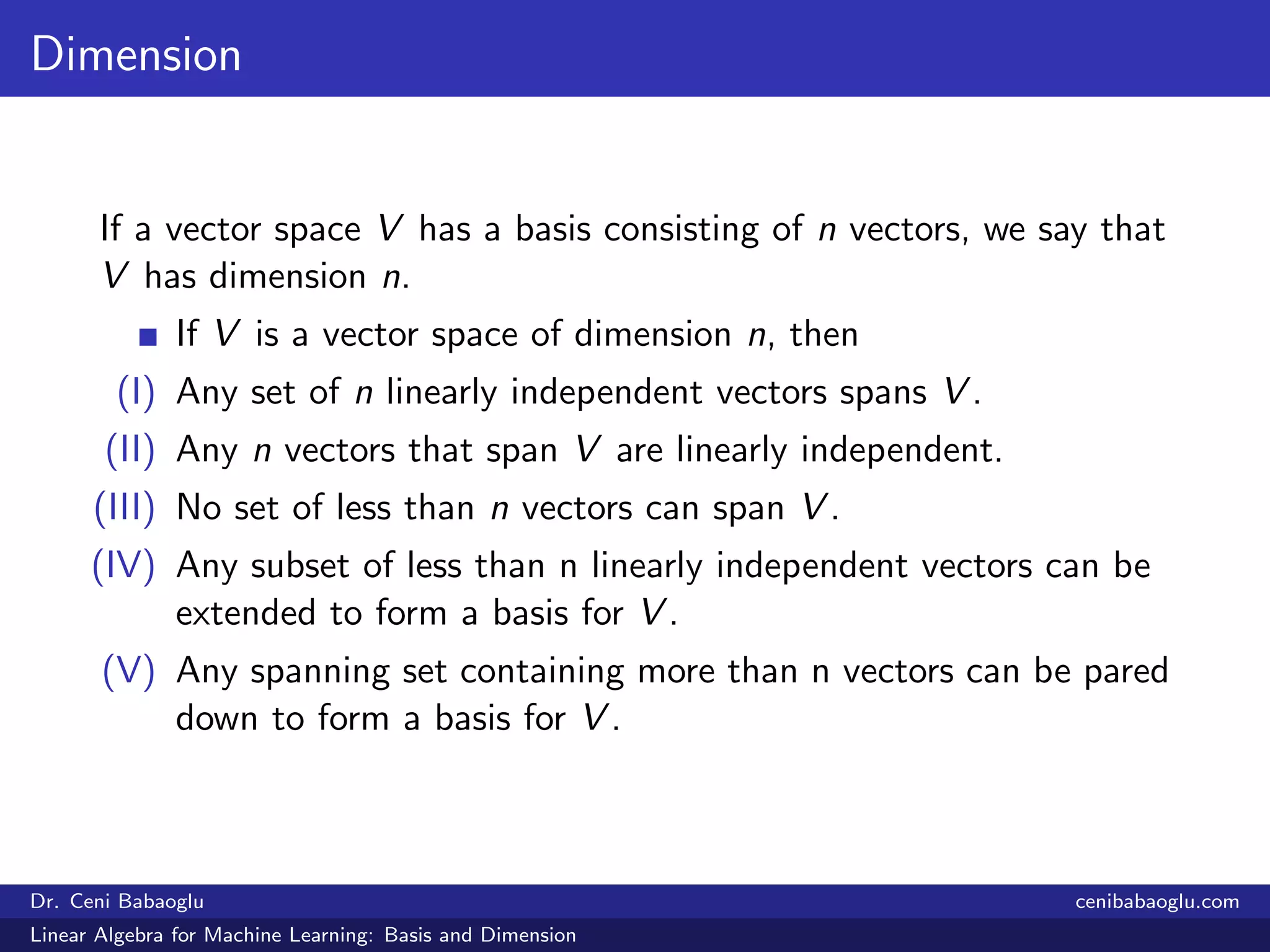 2. Linear Algebra for Machine Learning: Basis and Dimension | PDF