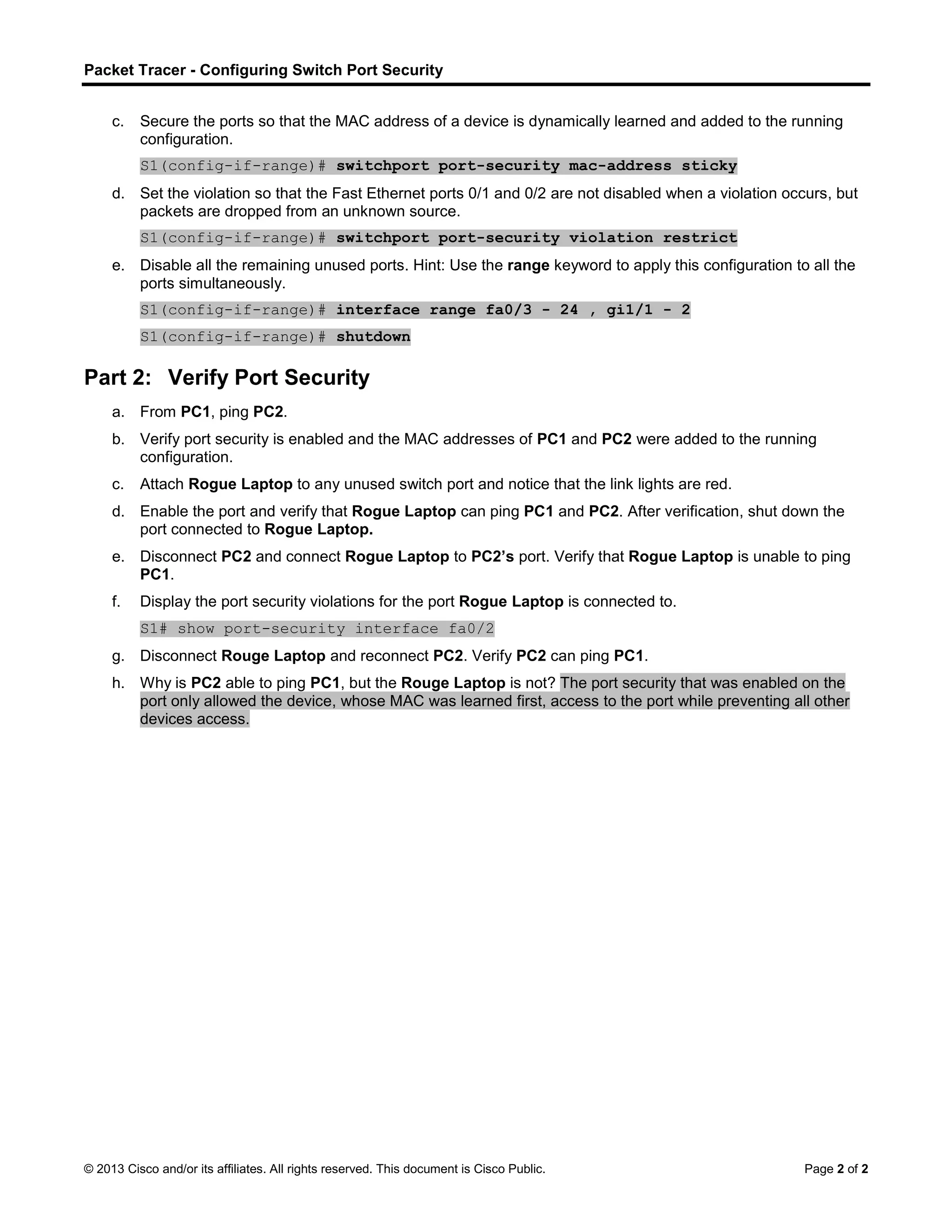 2249 Packet Tracer Configuring Switch Port Security Instructions Ig Pdf