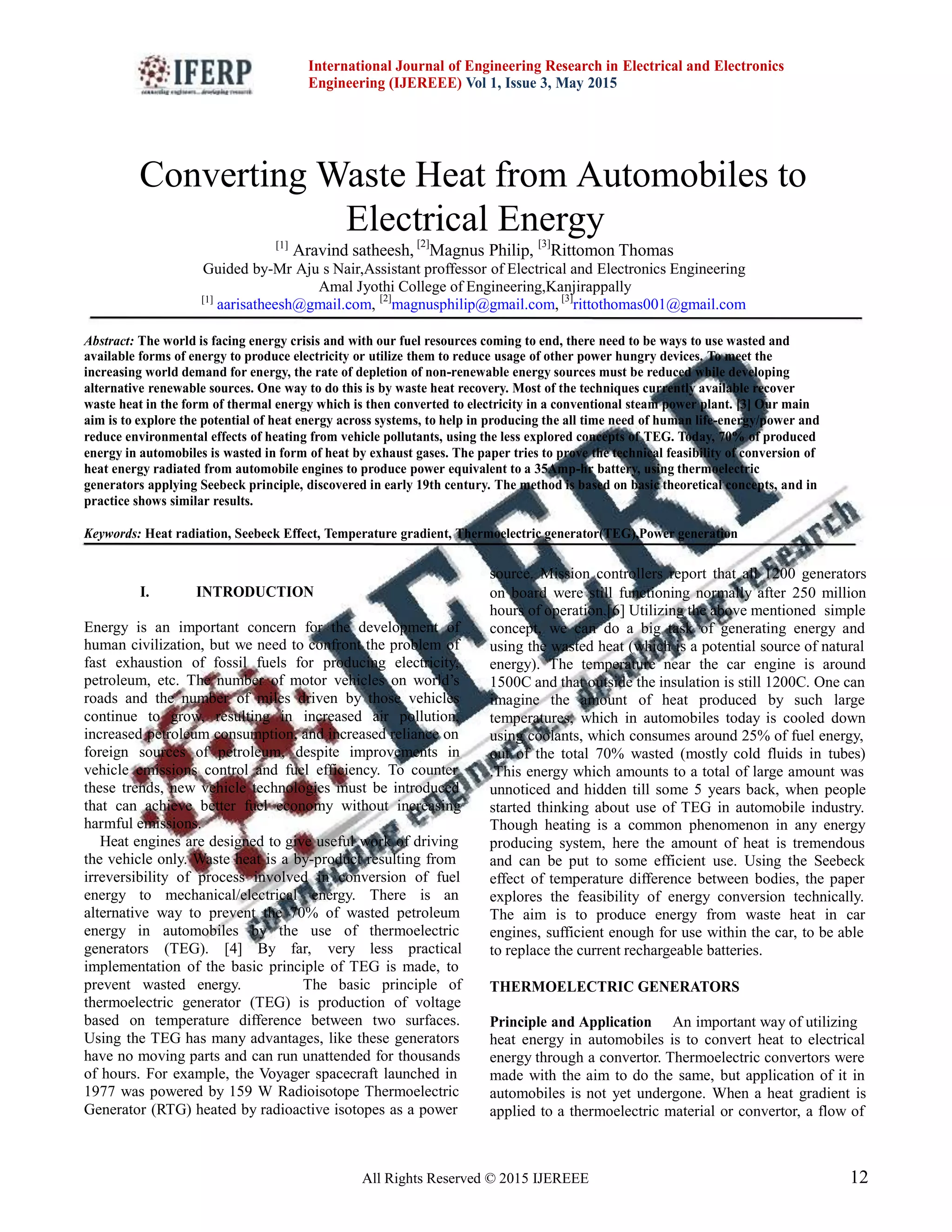 Converting waste heat from automobiles to electrical energy | PDF
