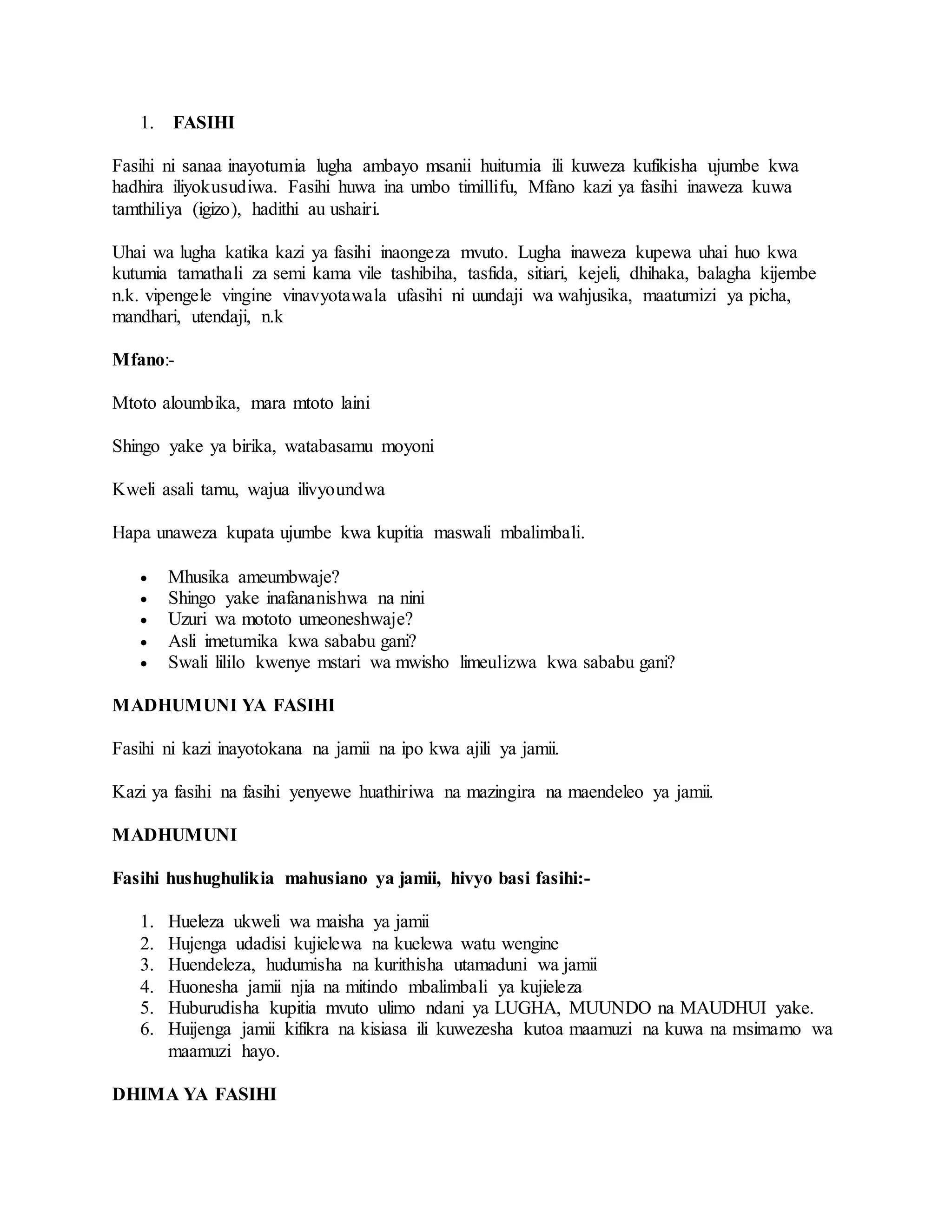 FASIHI KWA UJUMLA | DOCX