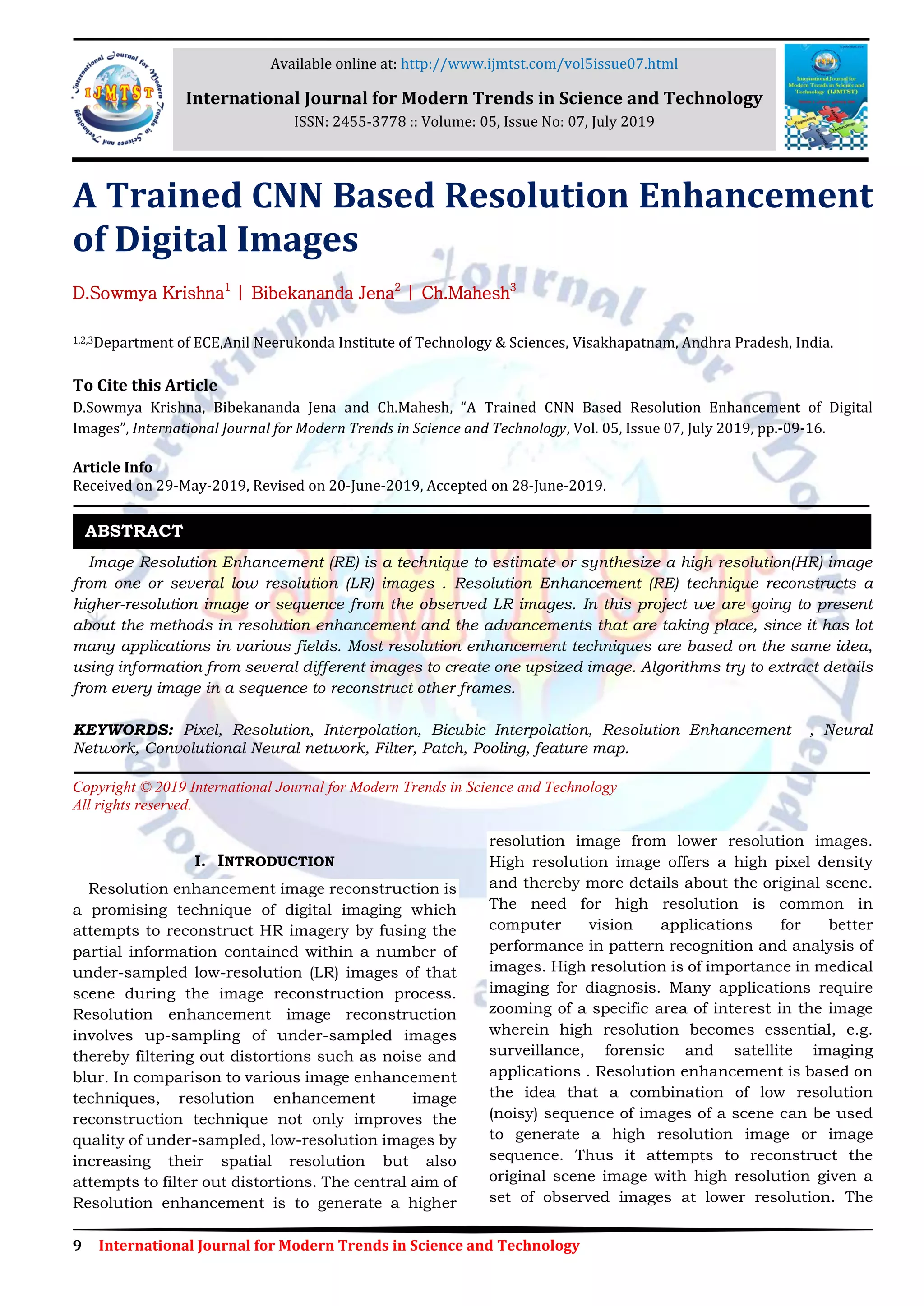 A Trained CNN Based Resolution Enhancement of Digital Images | PDF