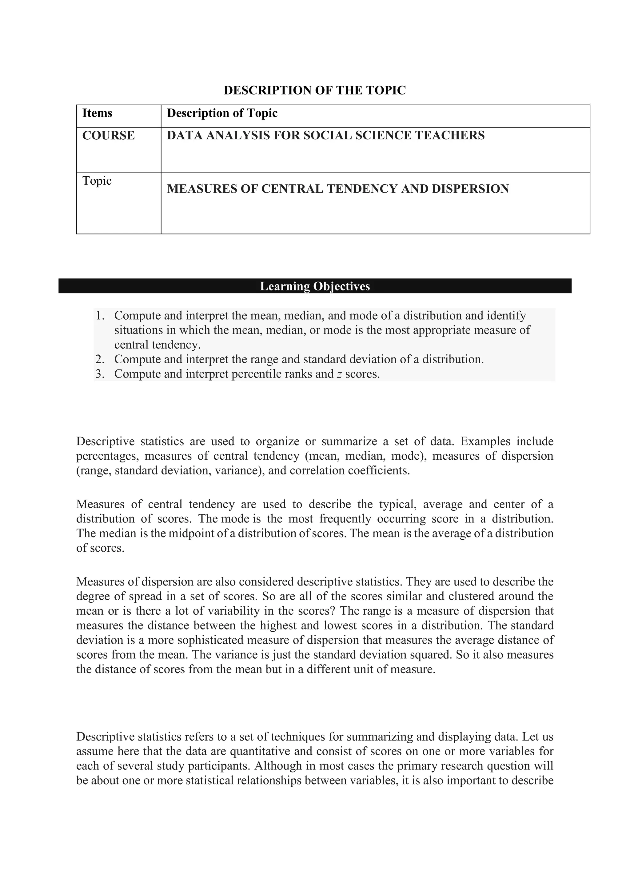 Measures of central tendency and dispersion | PDF
