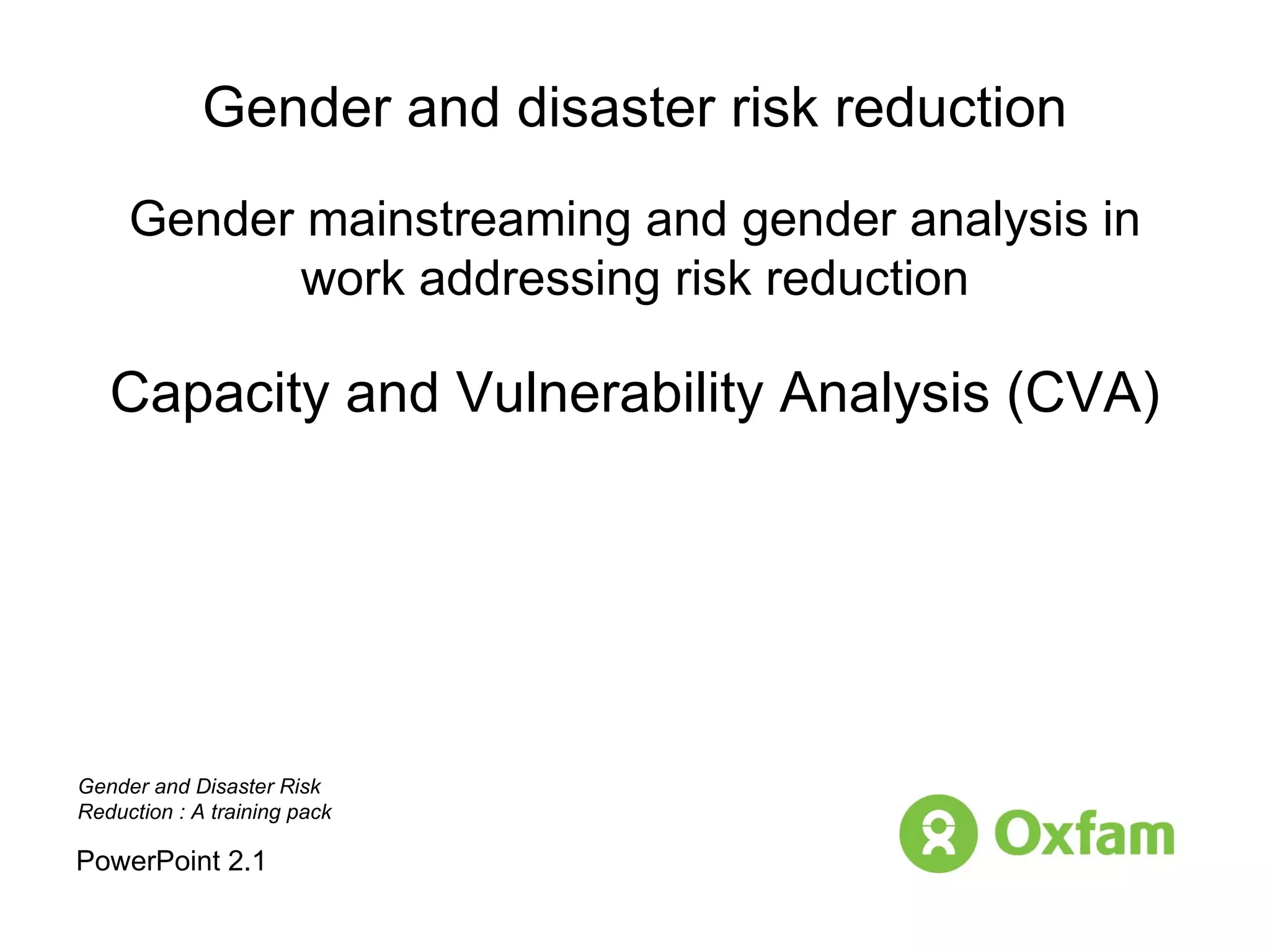 Gender mainstreaming and gender analysis in work addressing risk reduction: Capability and ...