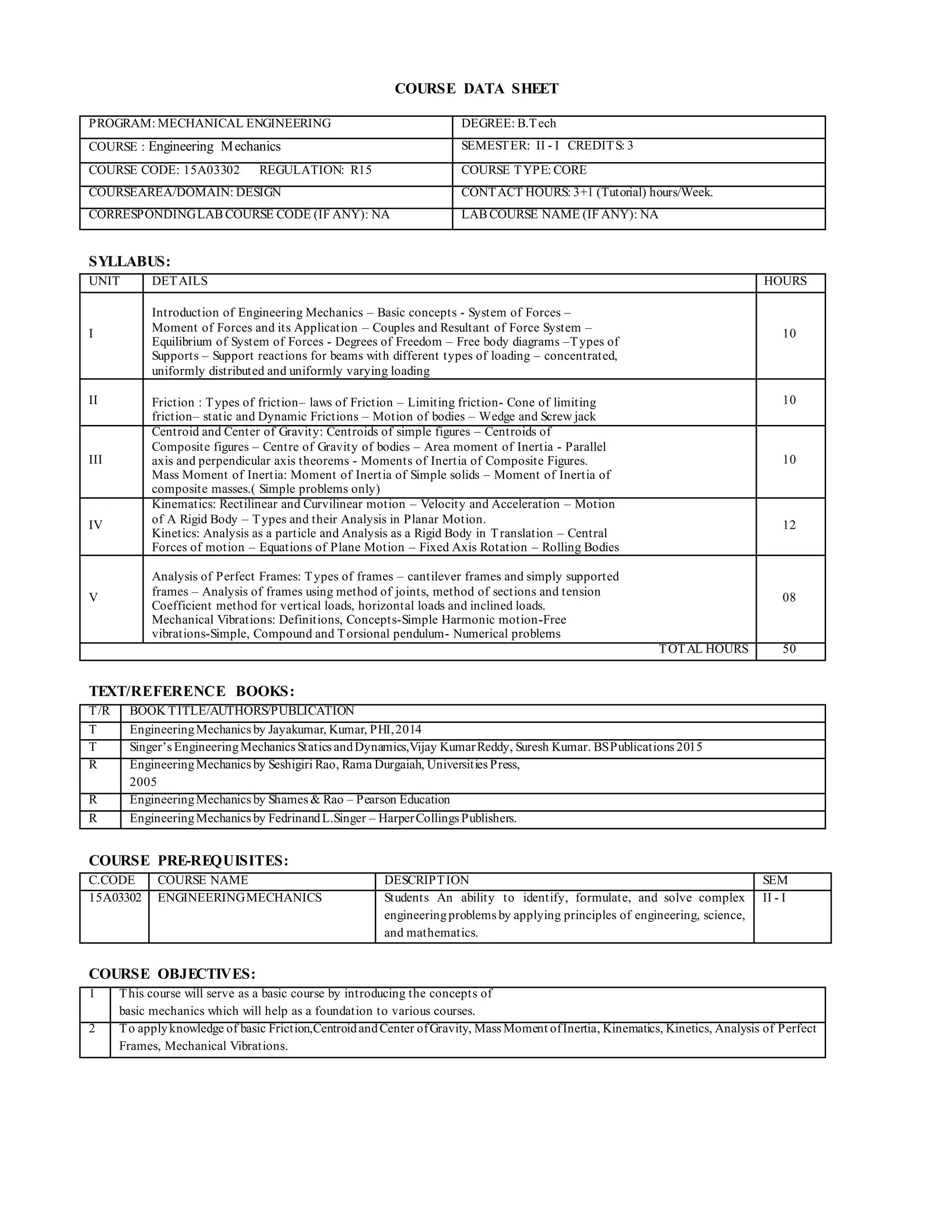 #Engineering Mechanics course data sheet | PDF