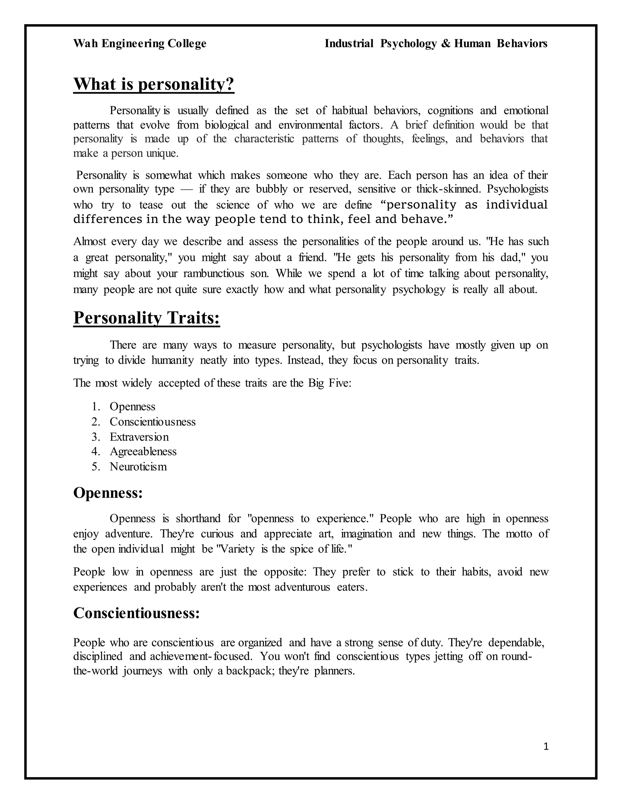 Personality,Personality Traits and Personality development | DOCX