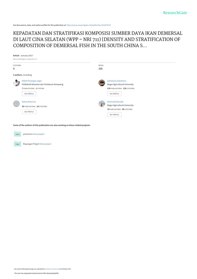 Kepadatan dan stratifikasi komposisi sumber daya ikan demersal di Laut Cina Selatan (WPP-NRI 711 ...