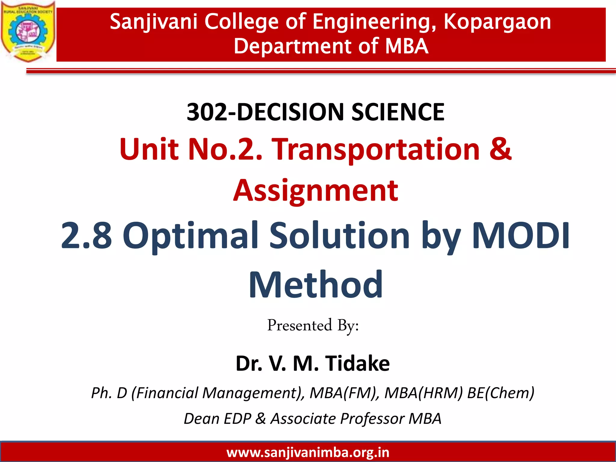 2.8 theory optimal solution by modi method | PPT