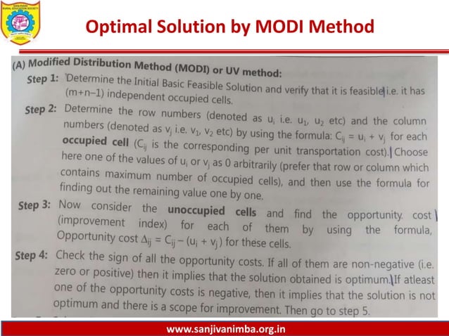 2.8 theory optimal solution by modi method | PPT