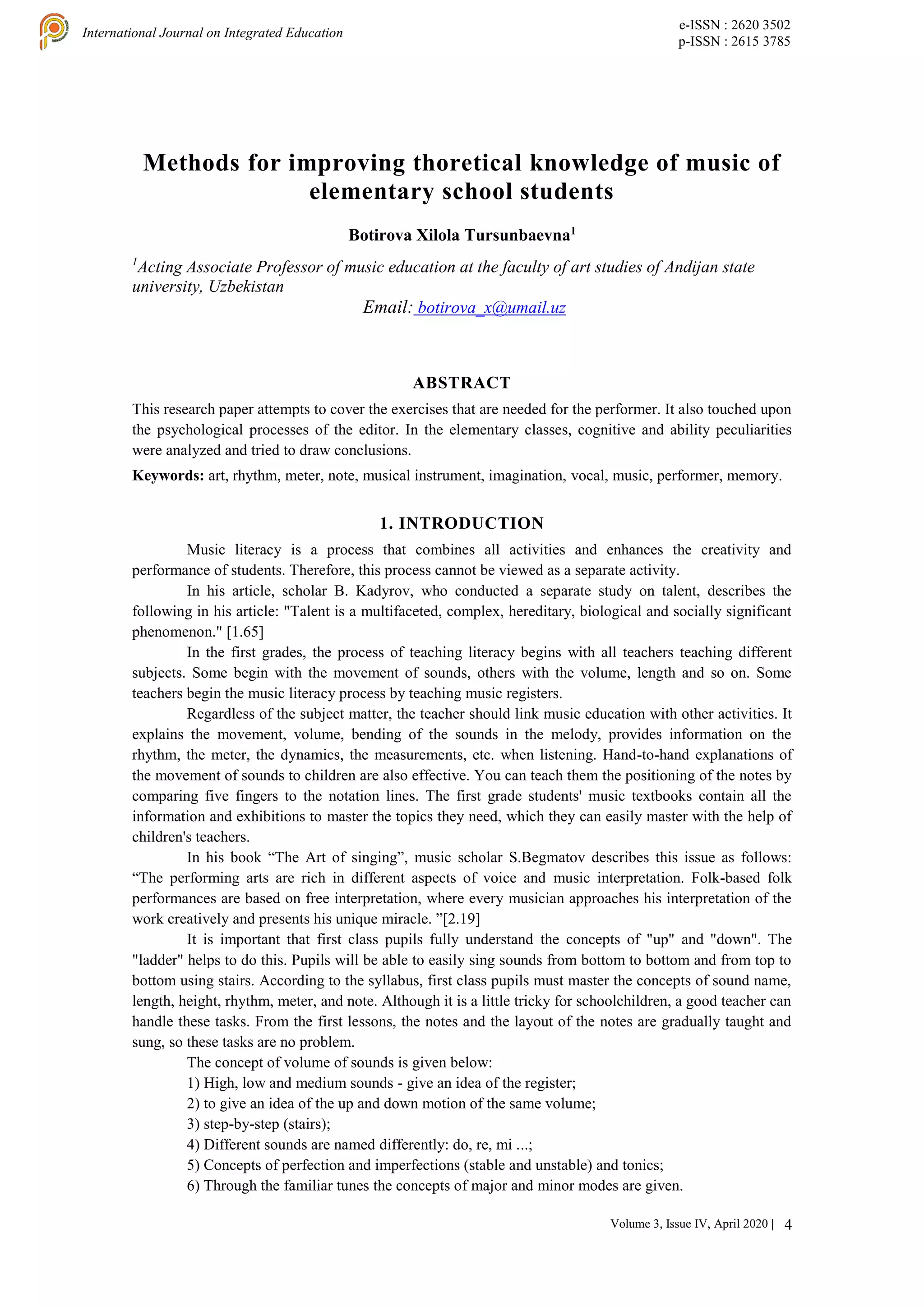 Methods for improving thoretical knowledge of music of elementary ...