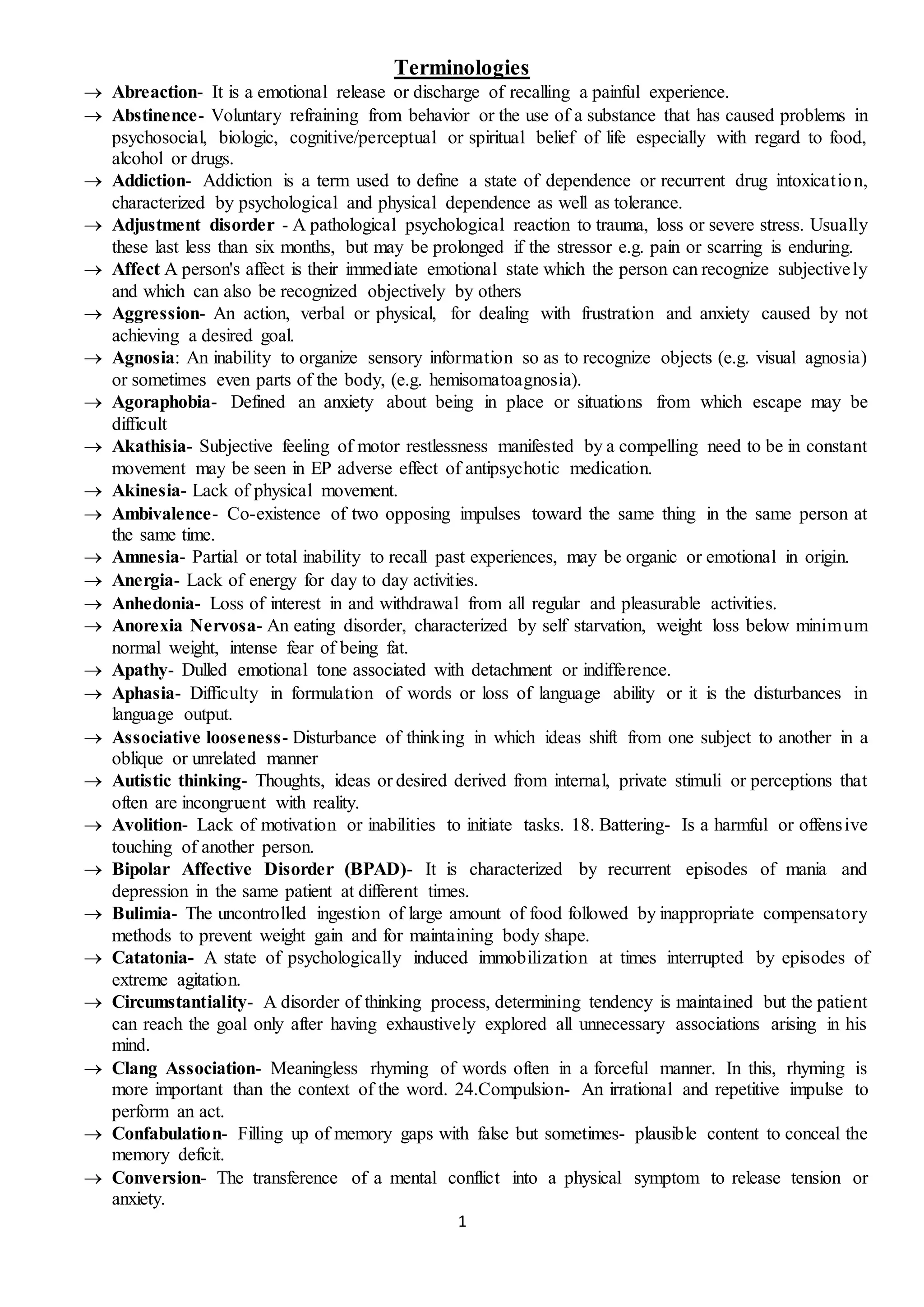 Psychiatry terminologies | DOCX