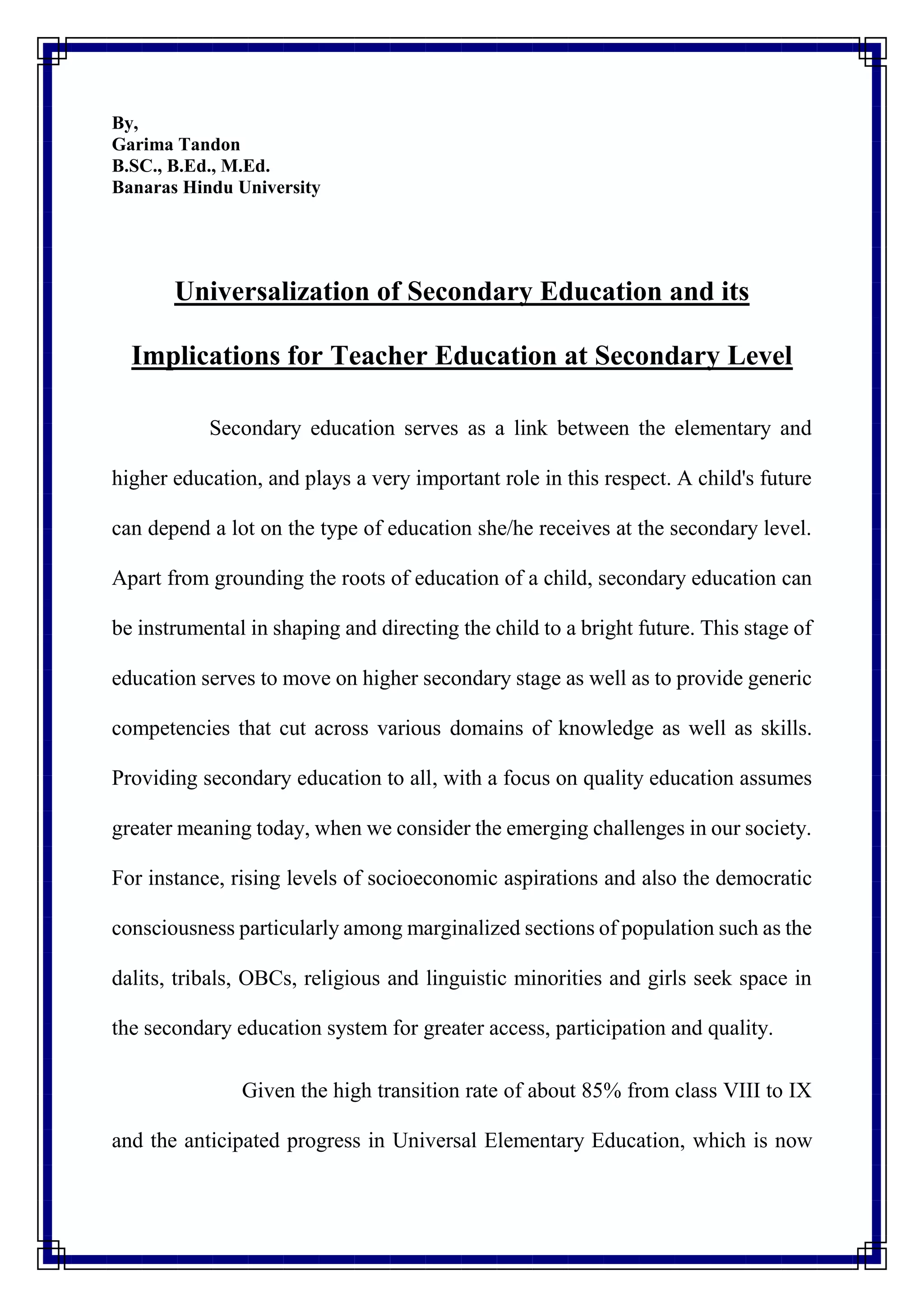 Universalization of Secondary Education and its Implications for ...