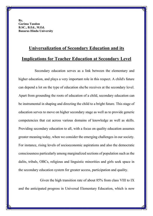 Universalization of Secondary Education and its Implications for ...