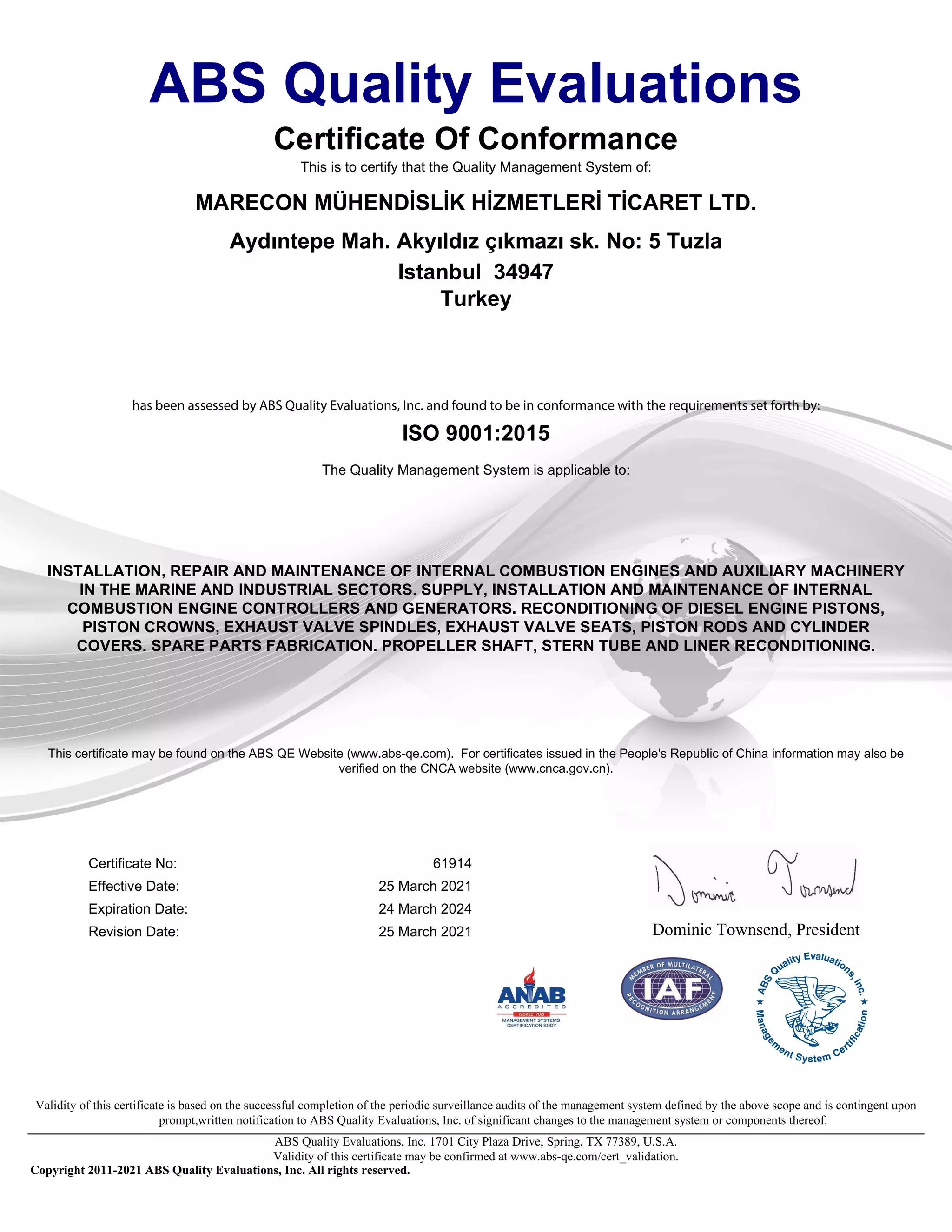 ABS Certificate of Conformance / Management System ISO 9001:2015 | PDF