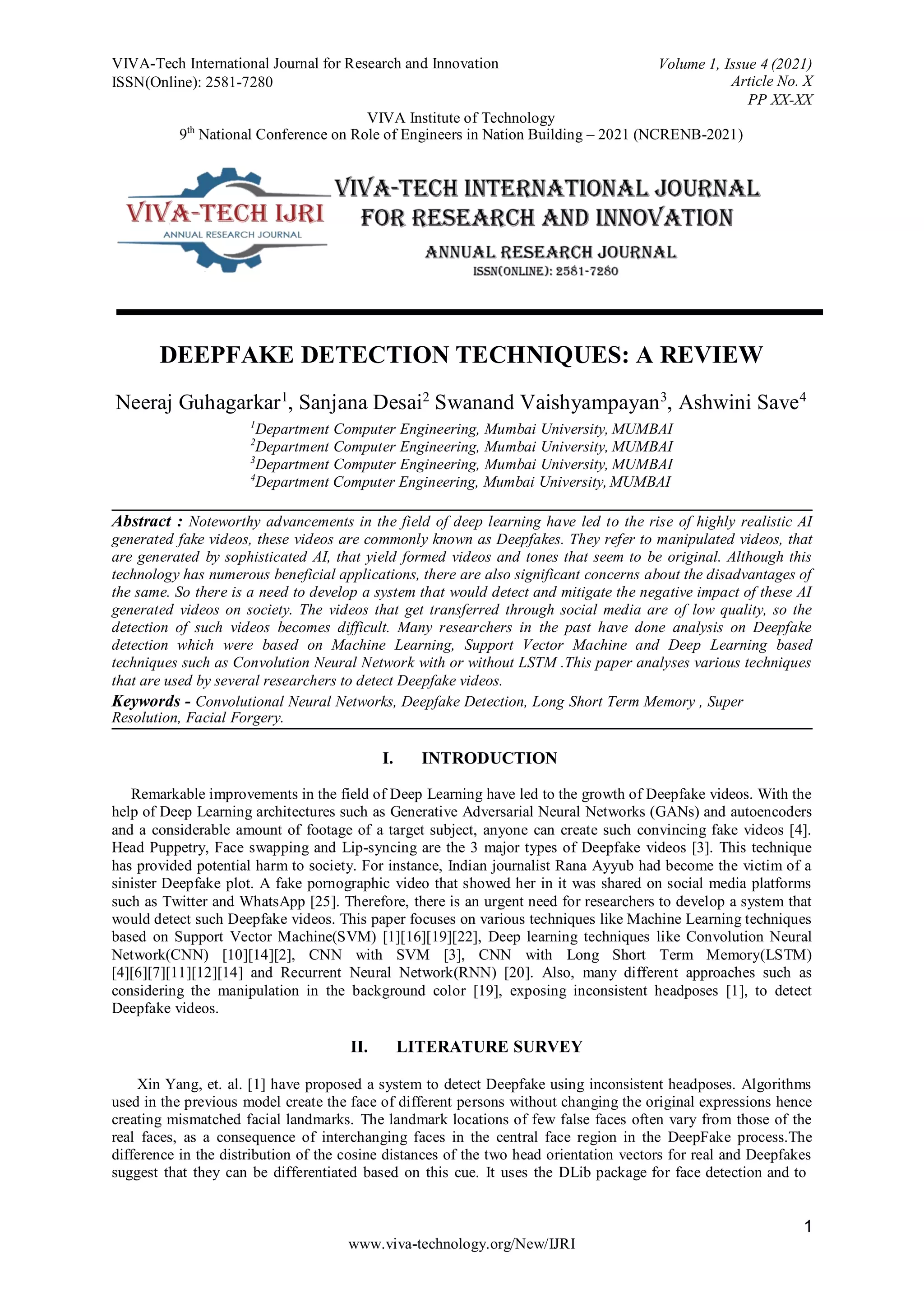 DEEPFAKE DETECTION TECHNIQUES: A REVIEW | PDF
