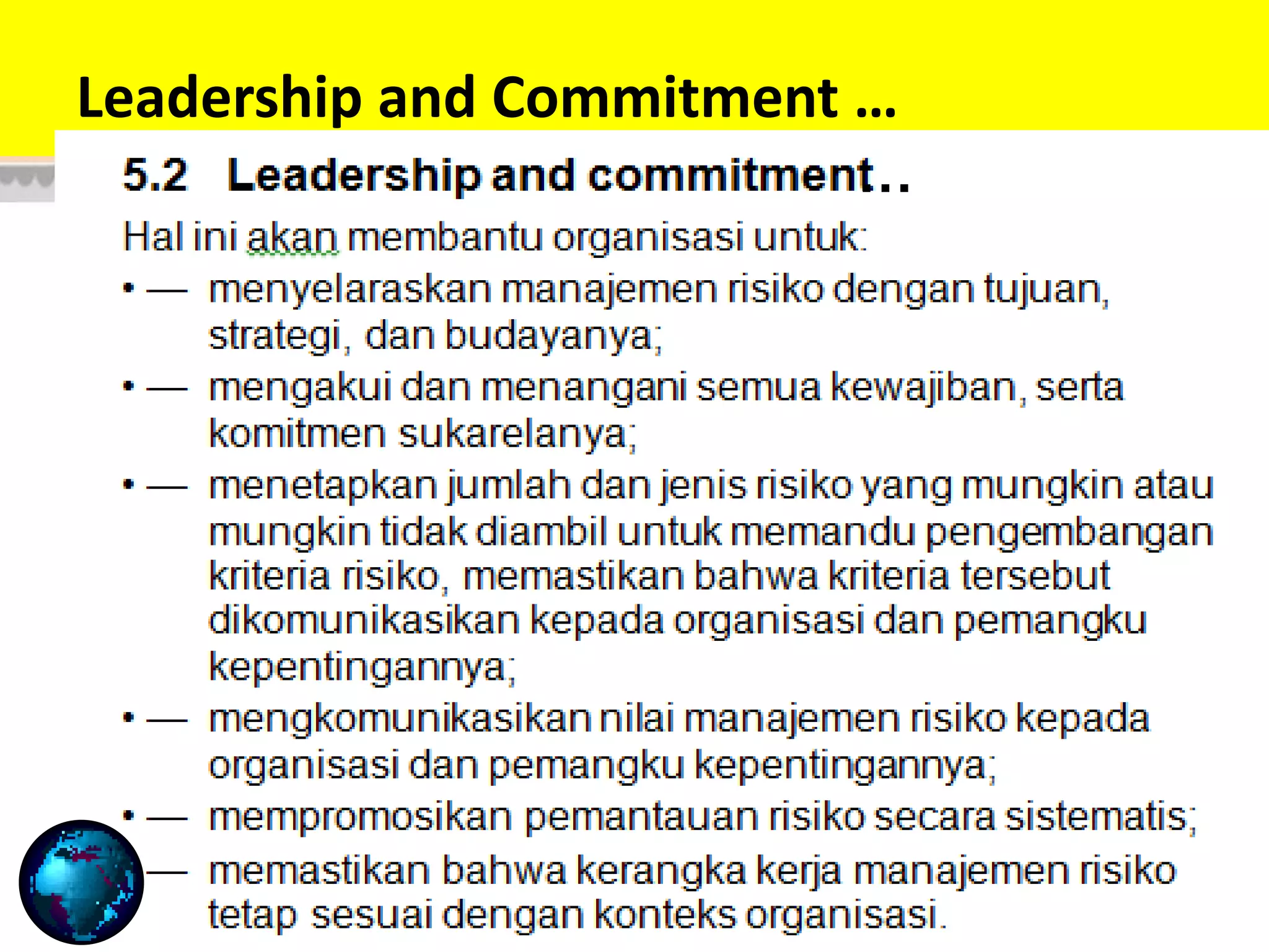Leadership and Commitment dalam Manajemen Risiko (ISO 31090-2018) | PPTX