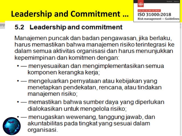 Leadership and Commitment dalam Manajemen Risiko (ISO 31090-2018) | PPTX
