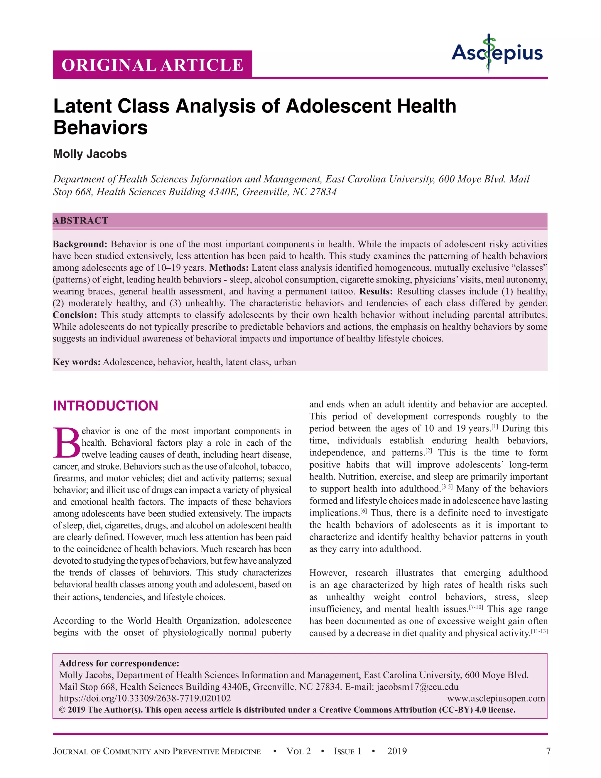 Latent Class Analysis of Adolescent Health Behaviors | PDF