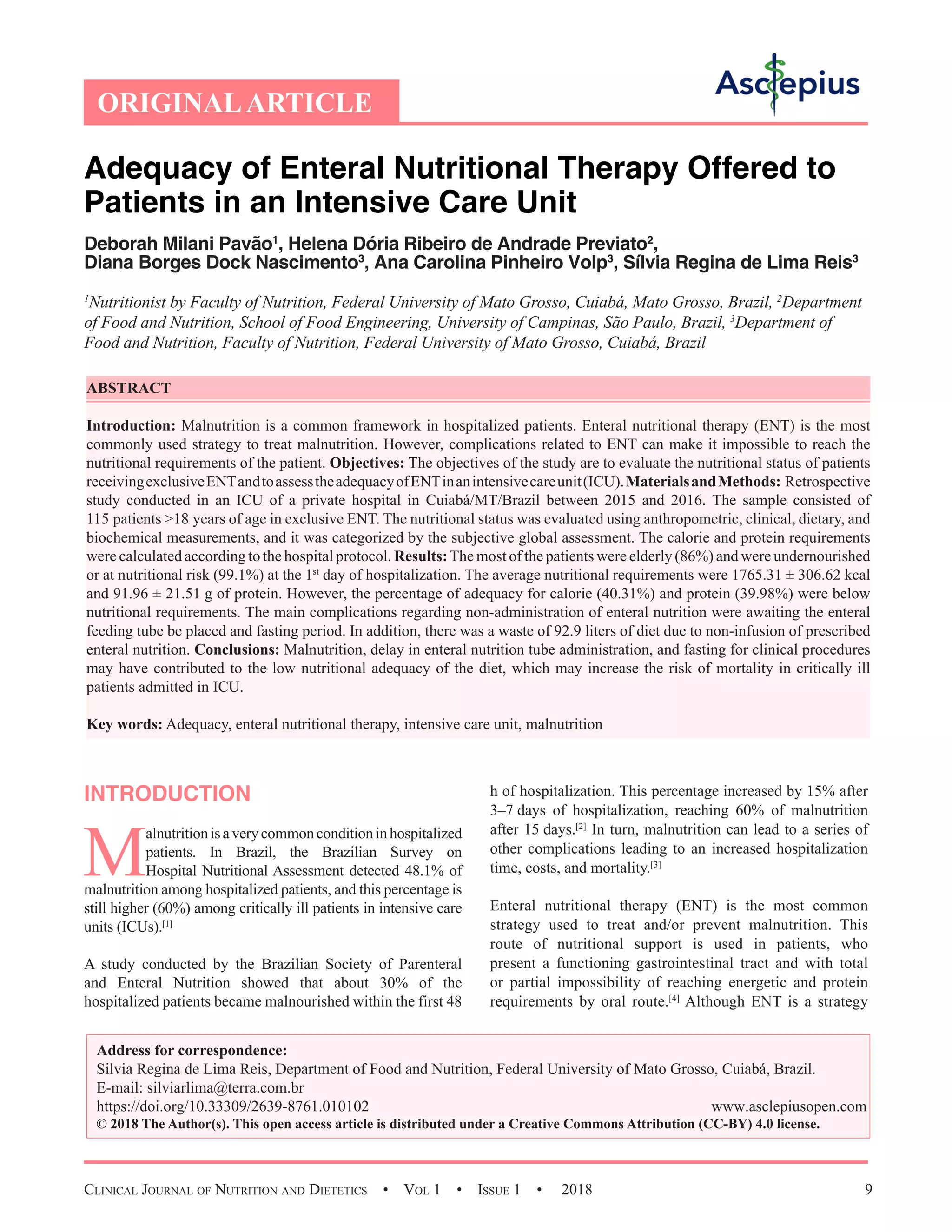 Adequacy of Enteral Nutritional Therapy Offered to Patients in an ...