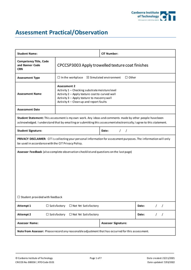 2. practical assessment apply trowelled texture coat finishes | DOCX