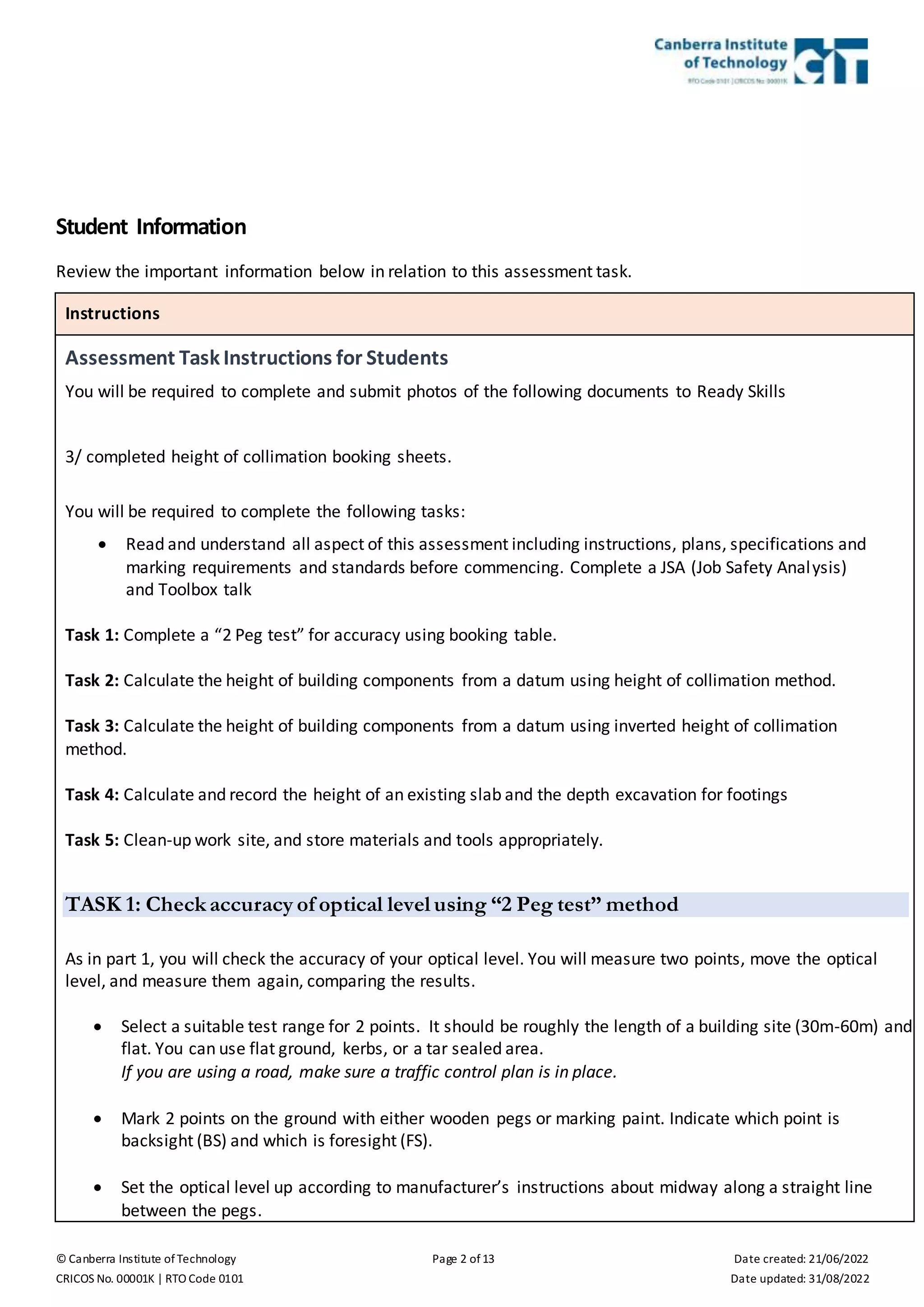 2. Practical assessment Carry out Levelling Operations | DOCX