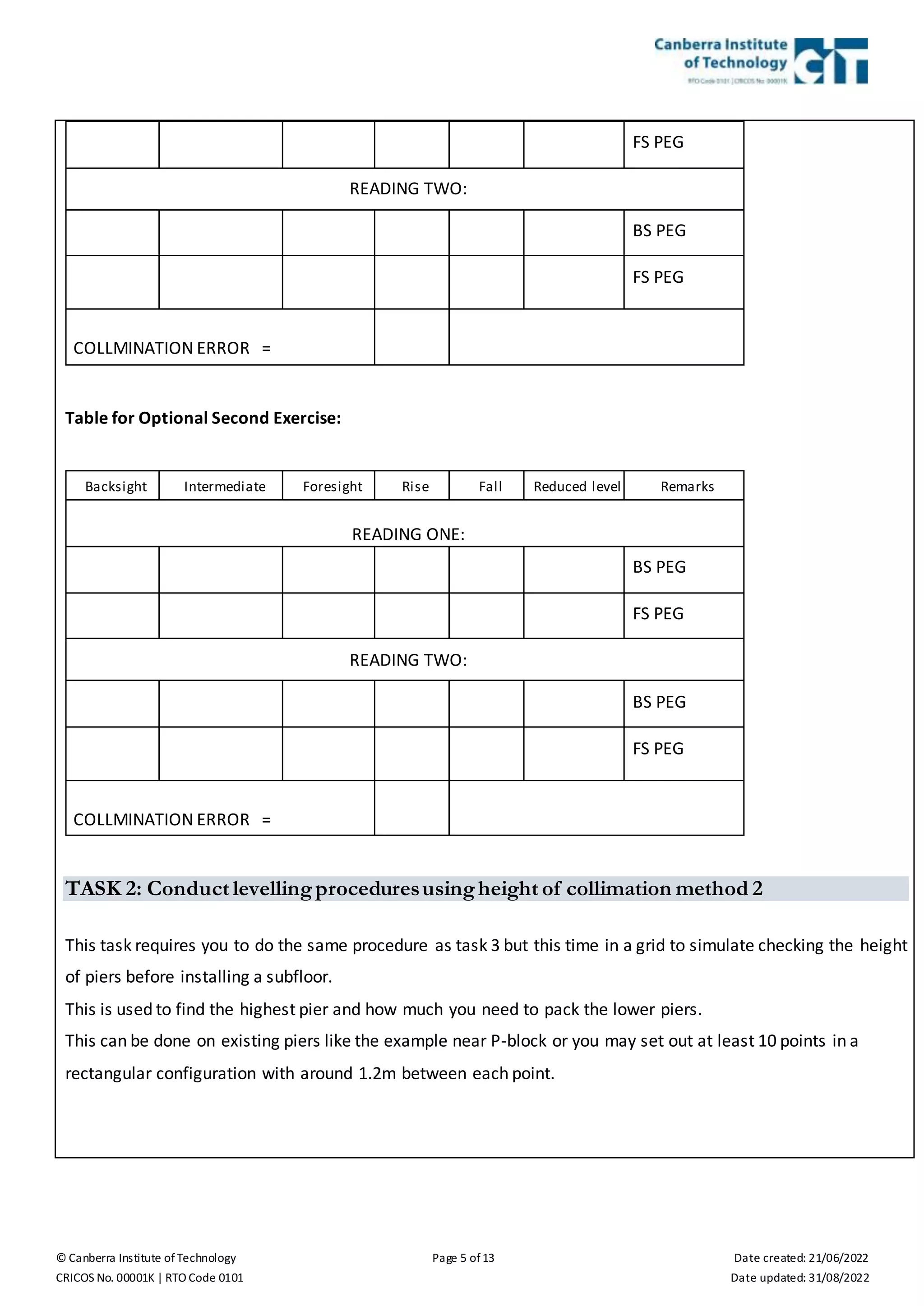 2. Practical assessment Carry out Levelling Operations | DOCX