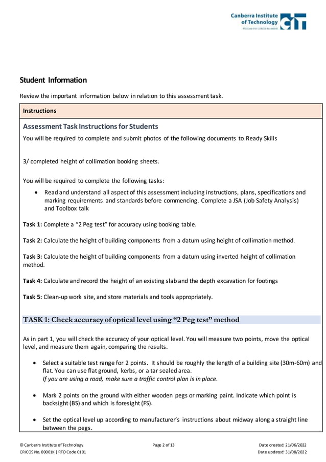 2. Practical assessment Carry out Levelling Operations | DOCX