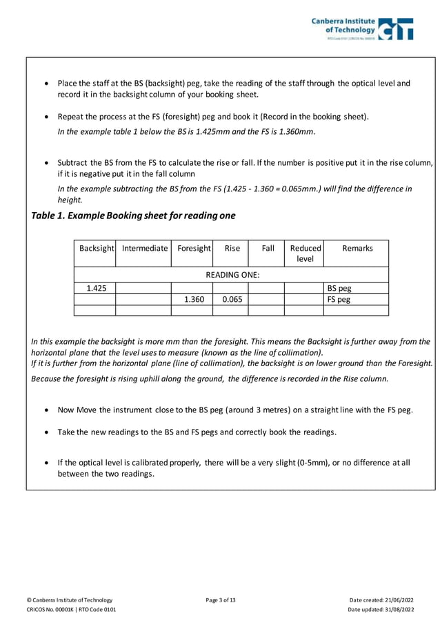 2. Practical assessment Carry out Levelling Operations | PDF