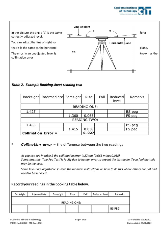 2. Practical assessment Carry out Levelling Operations | PDF